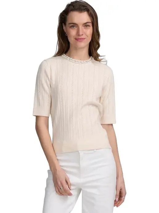 ELLE COLLECTION Fine Gauge Embellished Neck Top - Ivory