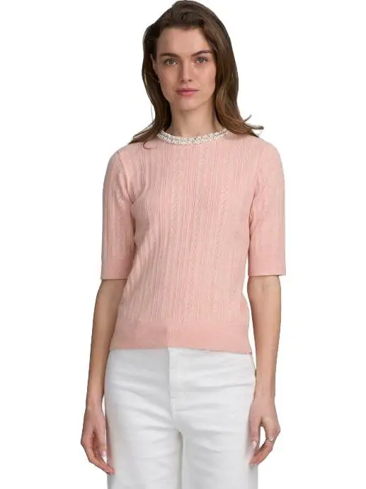 ELLE COLLECTION Fine Gauge Embellished Neck Top - Pale Pink