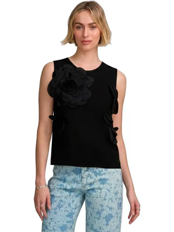ELLE COLLECTION Floral Applique Shell - Black