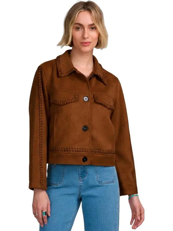 ELLE COLLECTION Cropped Faux Suede Tailored Jacket - Russet