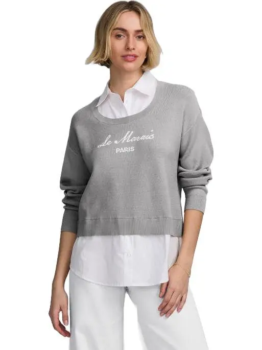 ELLE COLLECTION Twofer Embroidered Knit Sweater - Grey/white