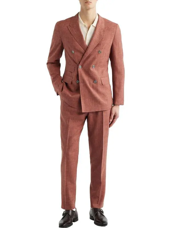 BOSS Heston Slim Fit Brown Slub Wool Blend Peak Lapel Double Breasted Suit - Medium Brown