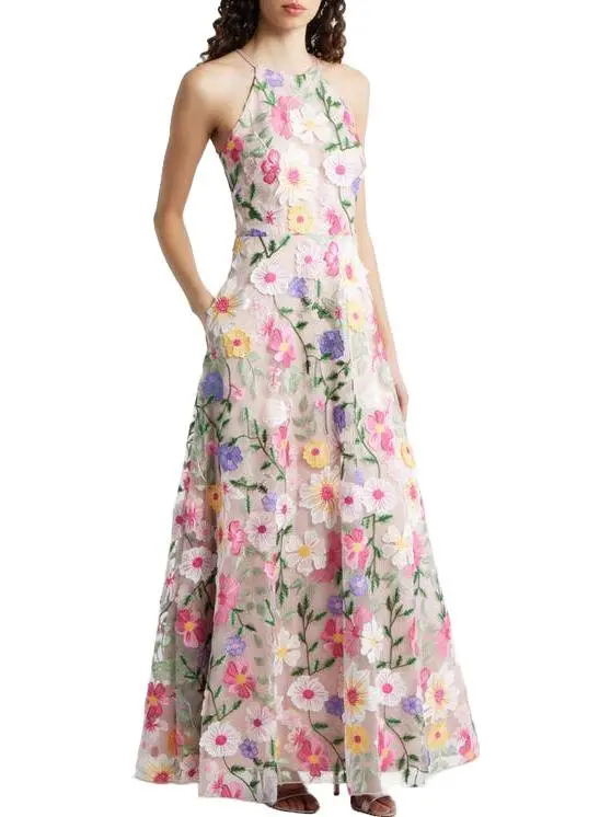 Eliza J Embroidered Sleeveless Gown - Blush Multi