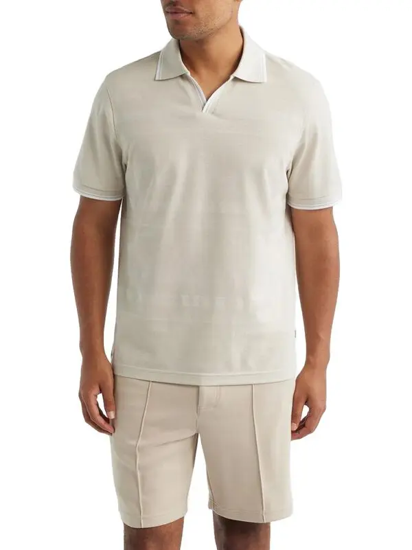 Bugatchi Textured Stripe Johnny Collar Polo - Limestone