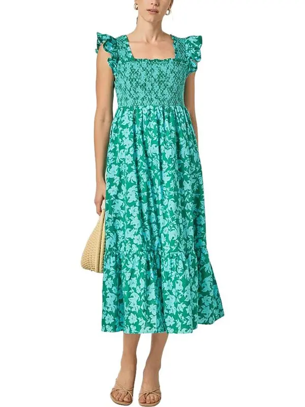 English Factory Printed Smocked Cotton Midi Dress - Green
