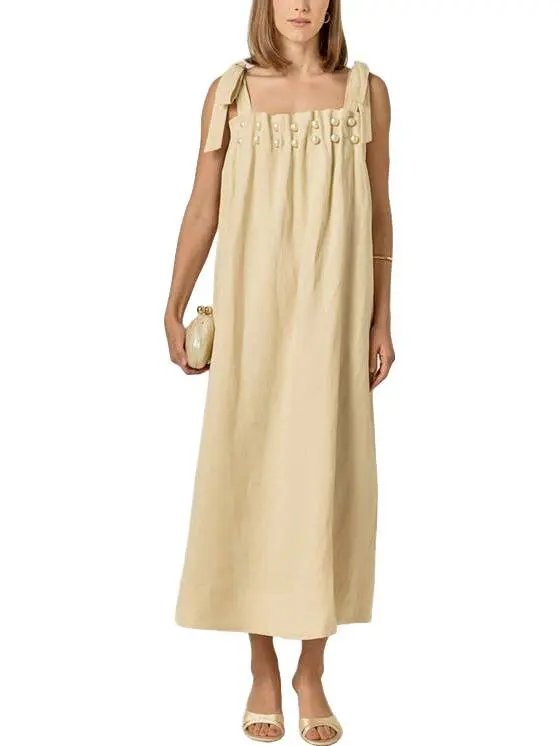 English Factory Faux-pearl Linen Midi Sundress - Natural