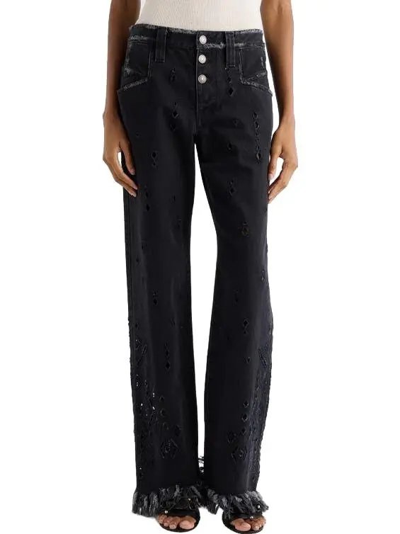 Isabel Marant Amia Fray Hem Broderie Anglaise Flare Leg Jeans - Black