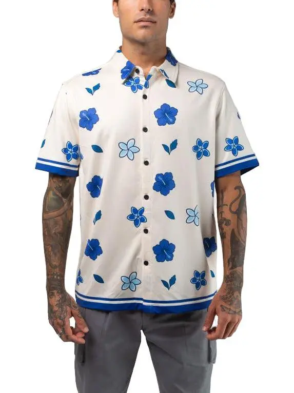 VAST Aqua Terra Floral Dream Tech Short Sleeve Performance Button-up Shirt - Sand Multi