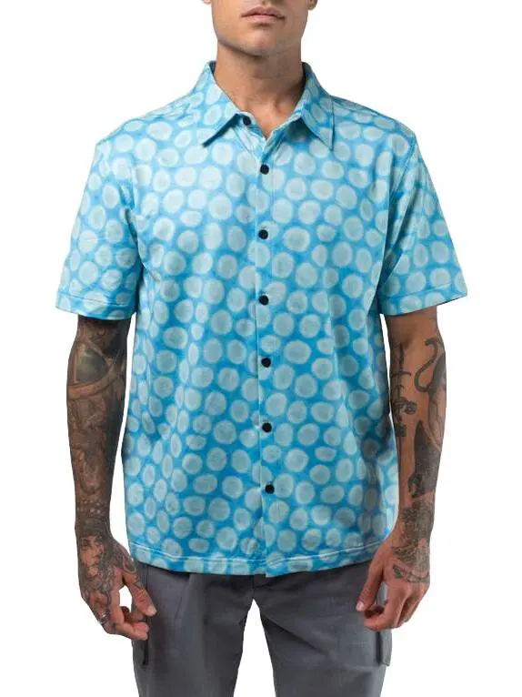 VAST Aqua Terra Mid Century Modern Tech Short Sleeve Performance Button-up Shirt - Green Multi