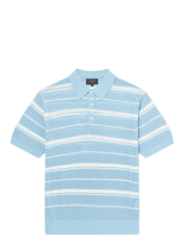 BEAMS Striped Knitted Cotton Polo Shirt - Blue