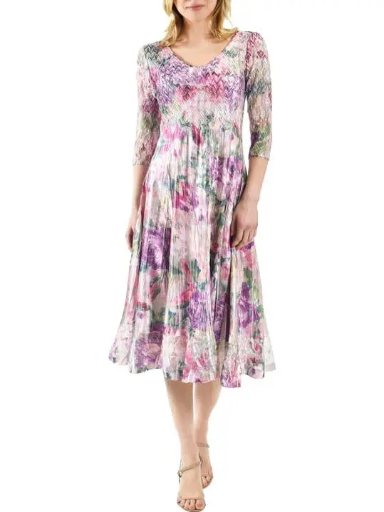 Komarov Lace Sleeve Charmeuse Dress - Bouquet Rose
