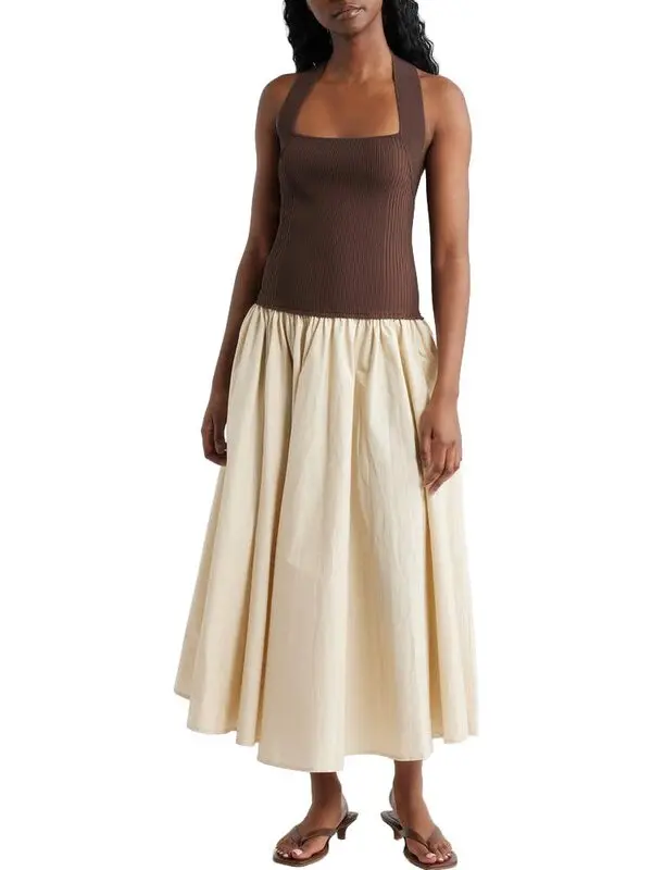 LUCY PARIS Mixed Media Halter Maxi Dress - Brown Tan