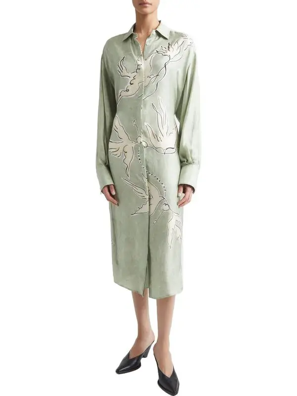 Altuzarra Floyd Long Sleeve Silk Shirt Dress - 379398 Desert Sage Bird