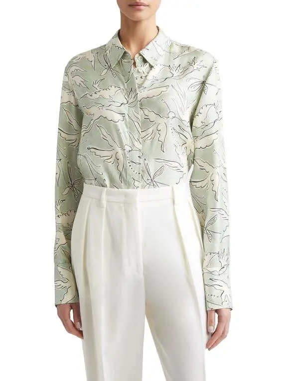 Altuzarra Chika Bird Print Silk Shirt - 378398 Desert Sage Bird