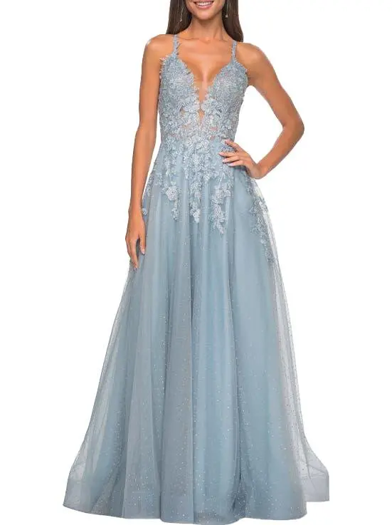 LABOMME Lace Embellished A-line Gown - Light Blue