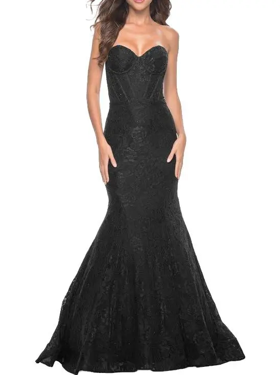LABOMME Mermaid Lace Gown With Bustier Top - Black