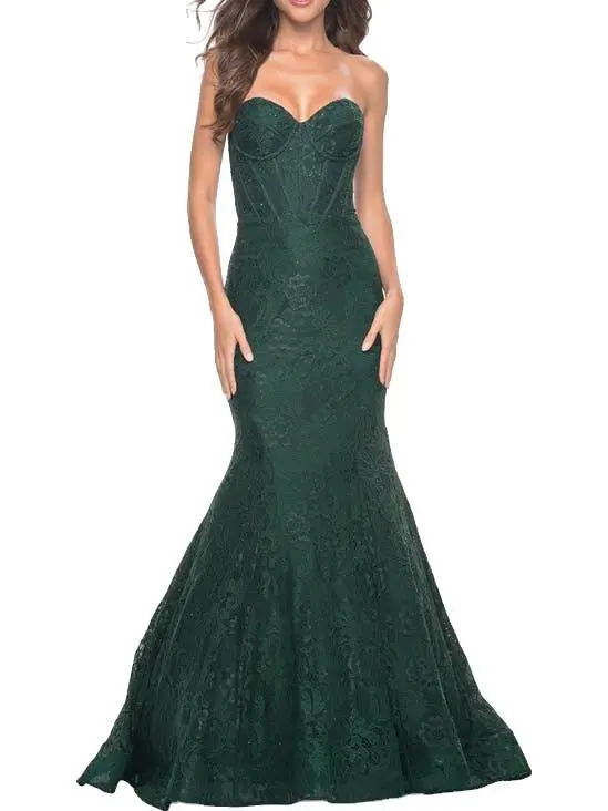 LABOMME Mermaid Lace Gown With Bustier Top - Dark Emerald