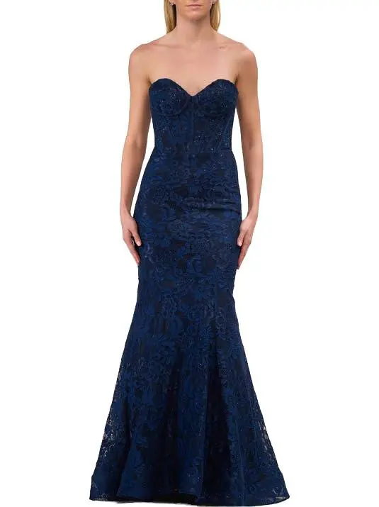 LABOMME Mermaid Lace Gown With Bustier Top - Marine Blue