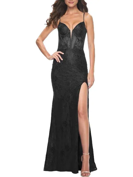 La Femme Stretch Lace Fitted Dress With Bustier Top - Black