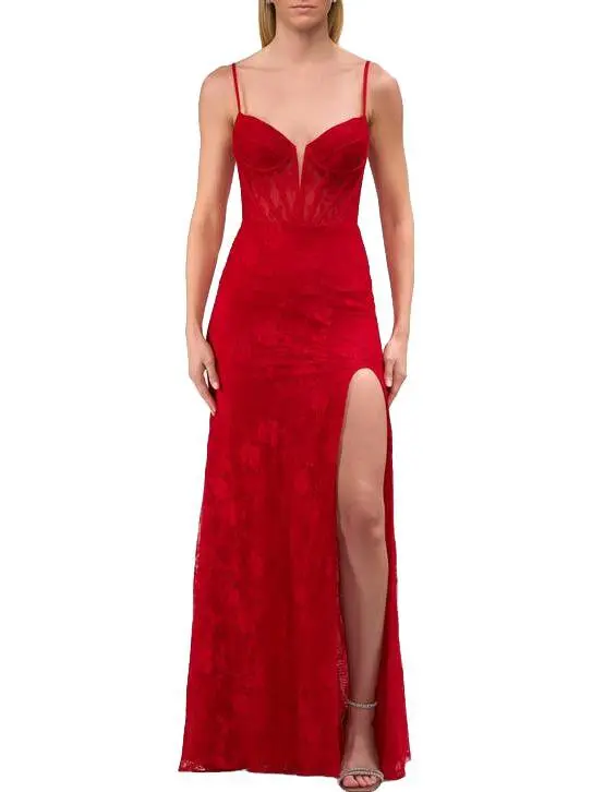 La Femme Stretch Lace Fitted Dress With Bustier Top - Red