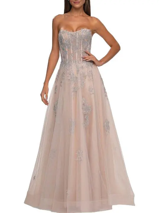LABOMME Tulle A-line Gown With Lace Appliqu - Blush