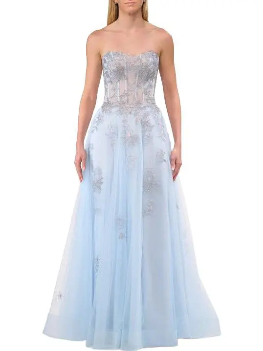 LABOMME Tulle A-line Gown With Lace Appliqu - Light Blue