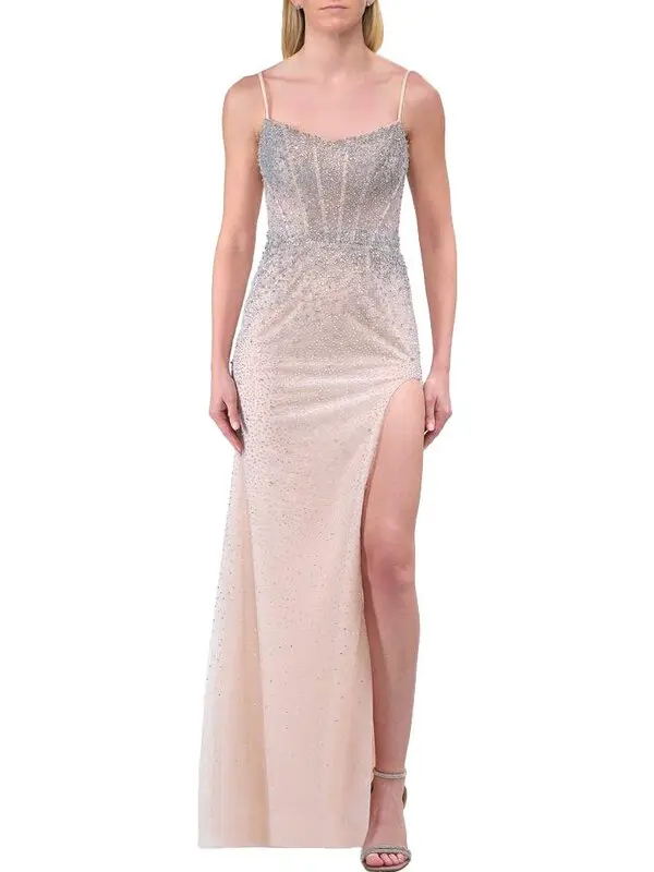 LABOMME Fitted Net Dress With Rhinestones And U Slit - Blush