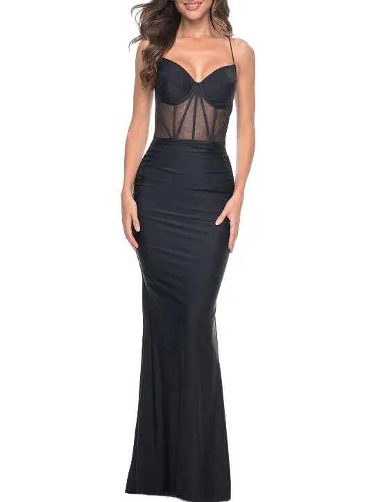 La Femme Jersey Dress With Illusion Waist And Bustier Top - Black