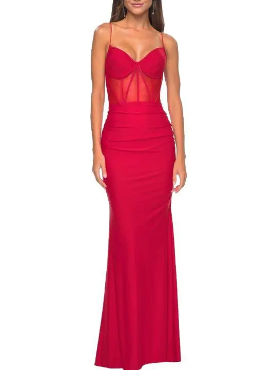 La Femme Jersey Dress With Illusion Waist And Bustier Top - Red