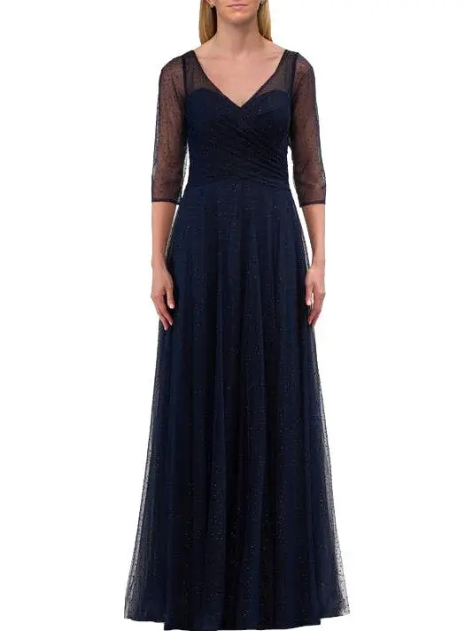 LABOMME Rhinestone Tulle Gown - Navy