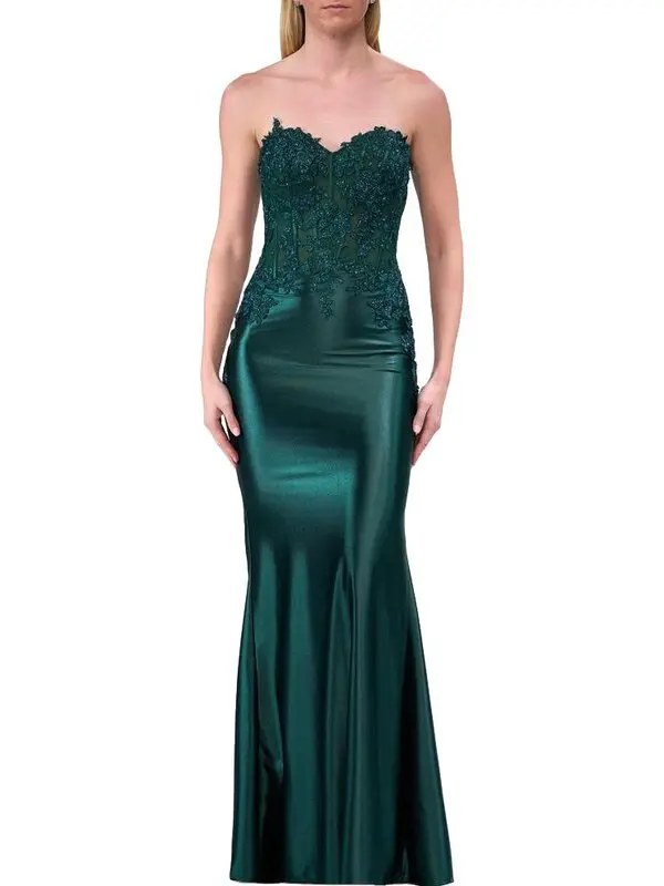 LABOMME Sleeveless Strapless Satin Gown With Lace Top - Emerald