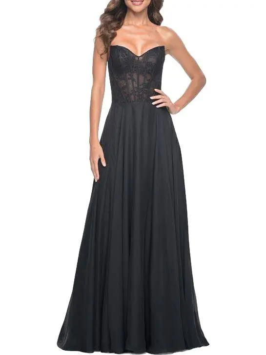 La Femme Strapless Chiffon Gown With Lace Bodice - Black