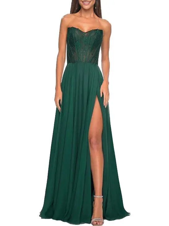 La Femme Strapless Chiffon Gown With Lace Bodice - Dark Emerald