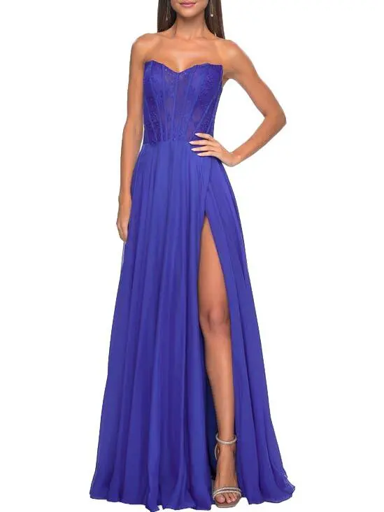 LABOMME Strapless Chiffon Gown With Lace Bodice - Royal Blue