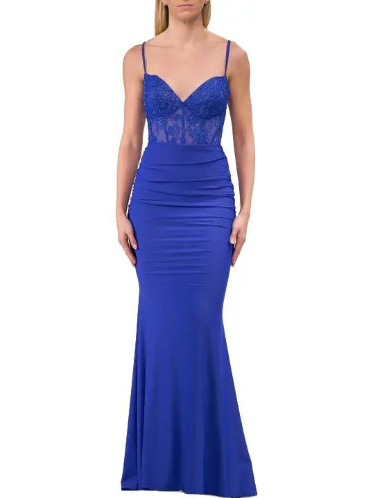 LABOMME Lace And Jersey Dress With Ruched Skirt - Royal Blue