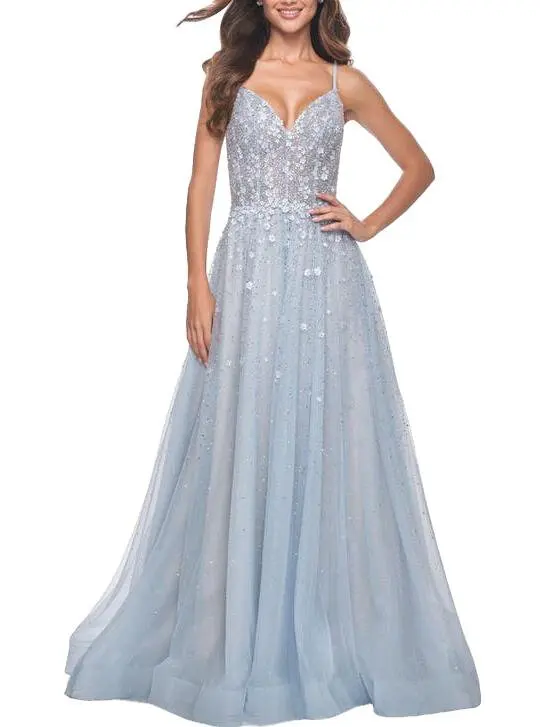 LABOMME A-line Tulle Gown With Floral And Rhinestone Details - Light Blue