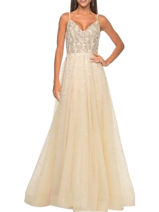 LABOMME A-line Tulle Gown With Floral And Rhinestone Details - Pale Yellow