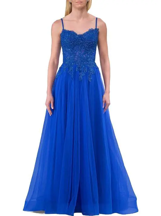 LABOMME Lace And Tulle A-line Gown With High Slit - Royal Blue