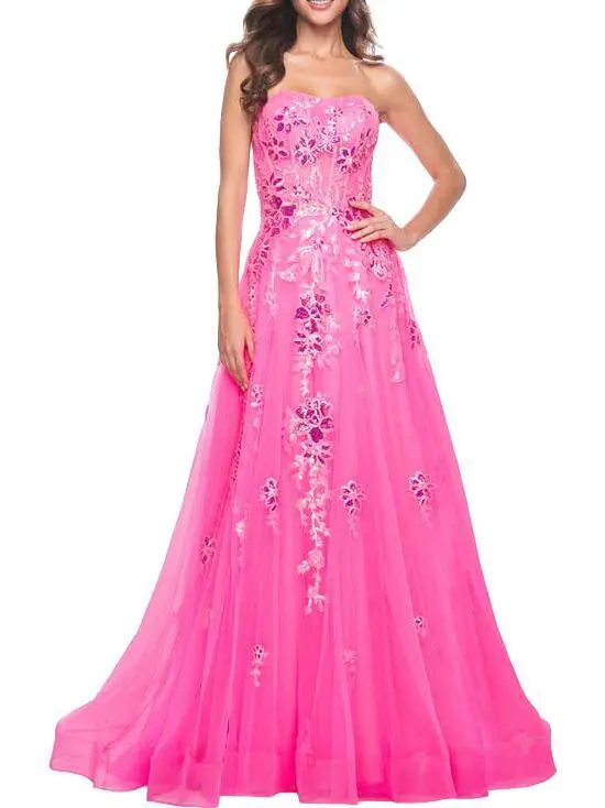 LABOMME Strapless Tulle A-line Gown With Floral Applique - Neon Pink