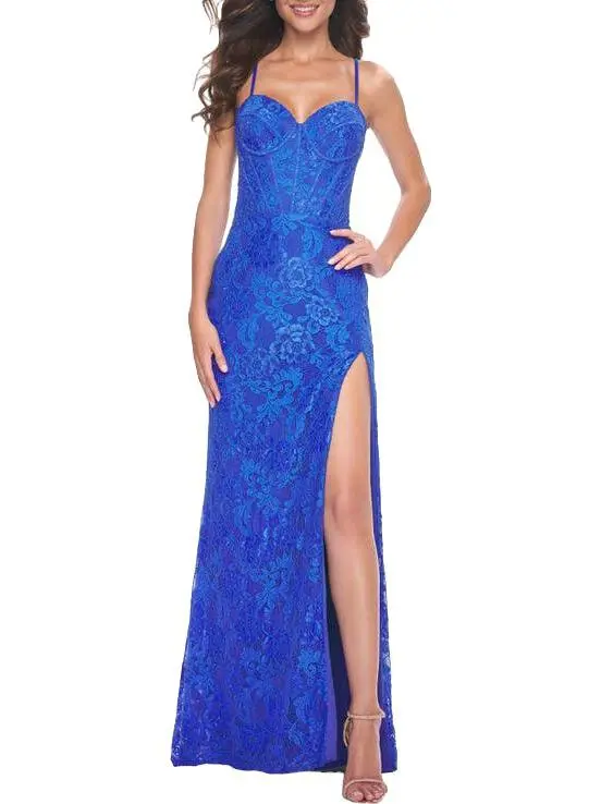 LABOMME Stretch Lace Bustier Gown With Slit - Royal Blue