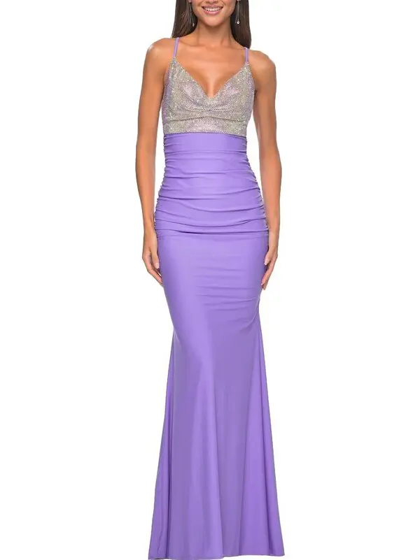 La Femme Ruched Jersey Gown With Rhinestone Mesh Bodice - Periwinkle