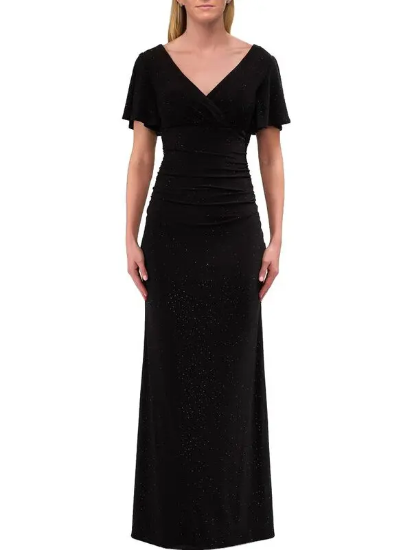 LABOMME Flutter Sleeve Rhinestone Embellished Evening Dress - Black