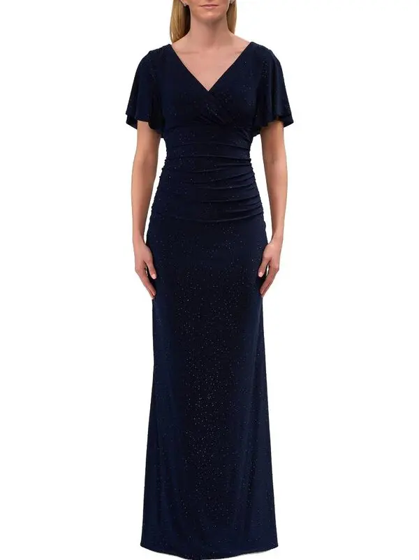 La Femme Flutter Sleeve Rhinestone Embellished Evening Dress - Navy