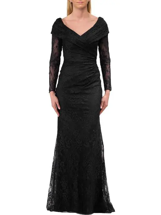 La Femme Lace Long Sleeve V-neck Evening Gown - Black