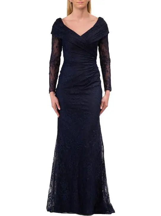 La Femme Lace Long Sleeve V-neck Evening Gown - Navy