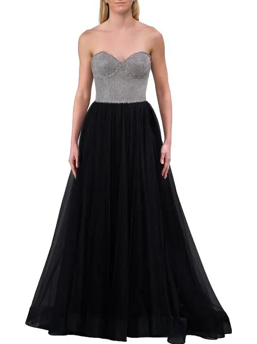 LABOMME Rhinestone Tulle A-line Dress - Black