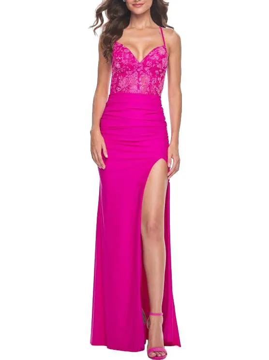 LABOMME Neon Lace Bodice Prom Dress - Hot Fuchsia