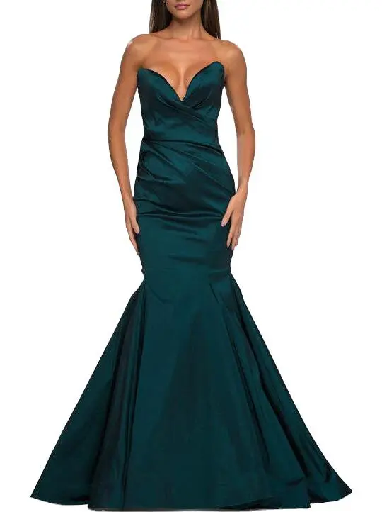 LABOMME Mermaid Stretch Mikado Evening Dress With Illusion Back - Dark Emerald