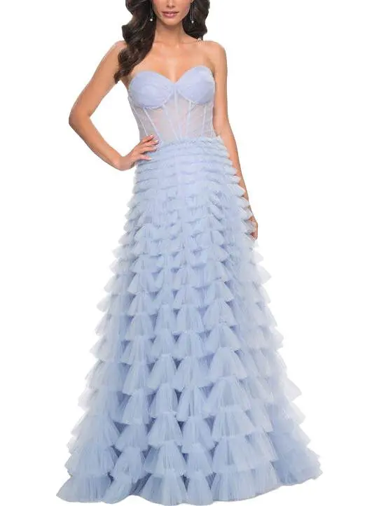 LABOMME A-line Ruffle Tulle Prom Gown - Light Periwinkle