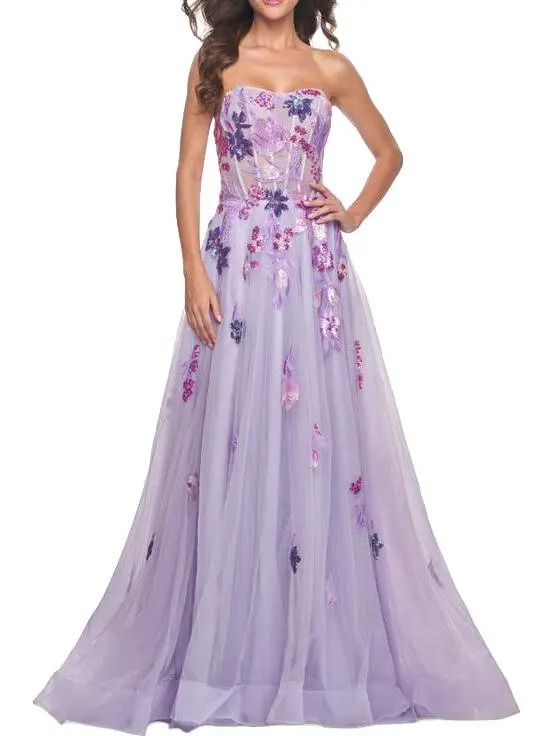 LABOMME Strapless A-line Gown With Sequin Lace Applique - Lavender